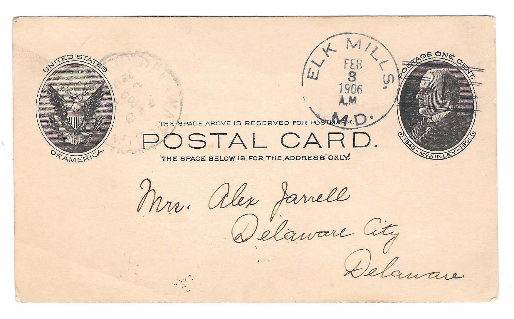 UX18 Elk Mills MD Doane Cancel Type 2/1 1906 Maryland Postmark on ...
