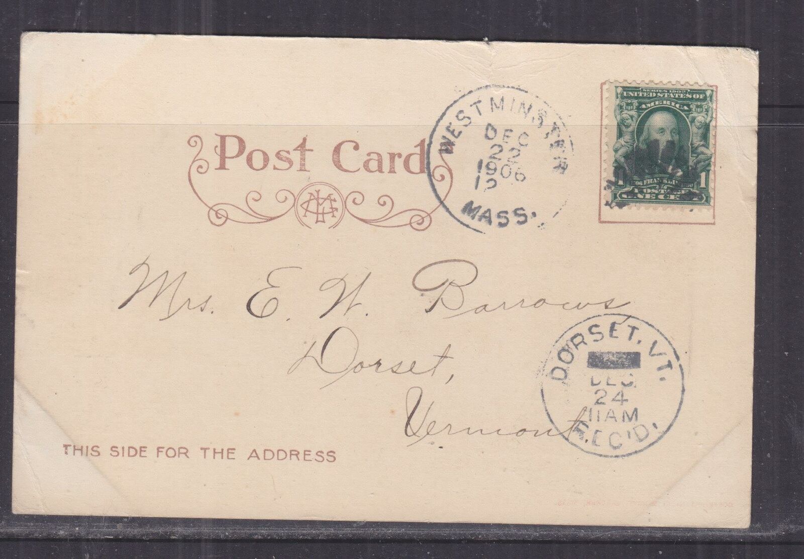 WESTMINSTER, MASS., 1906 ppc. Main St. Westminster, 1c. to Dorset ...