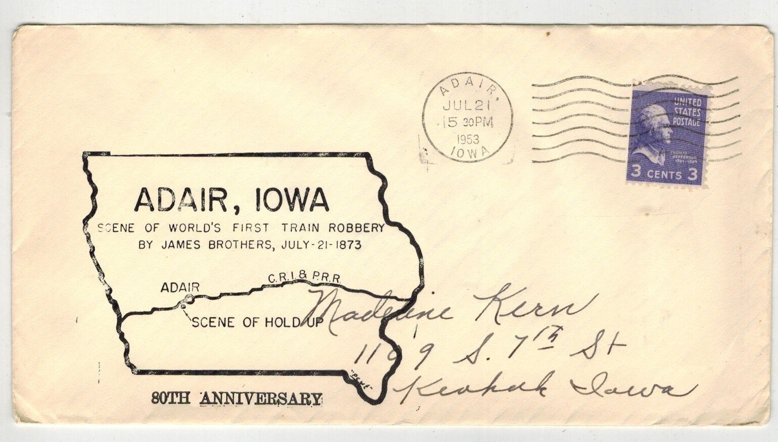 1953 Audair Iowa Scene of the World's First Train Robbery by James ...