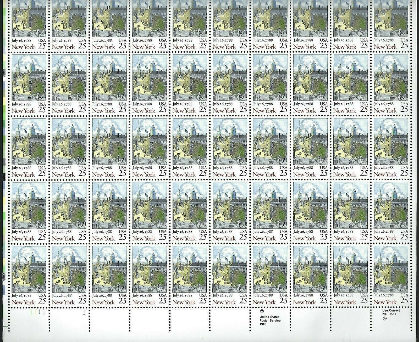 New York Statehood Sheet of Fifty 25 Cent Postage Stamps Scott 2346 ...