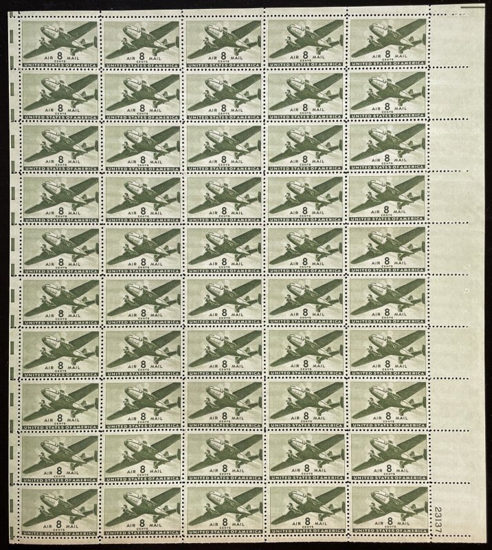 C26 MNH Sheet TWIN-MOTORED TRANSPORT PLANE 50 US Airmail 8¢ Stamps ...
