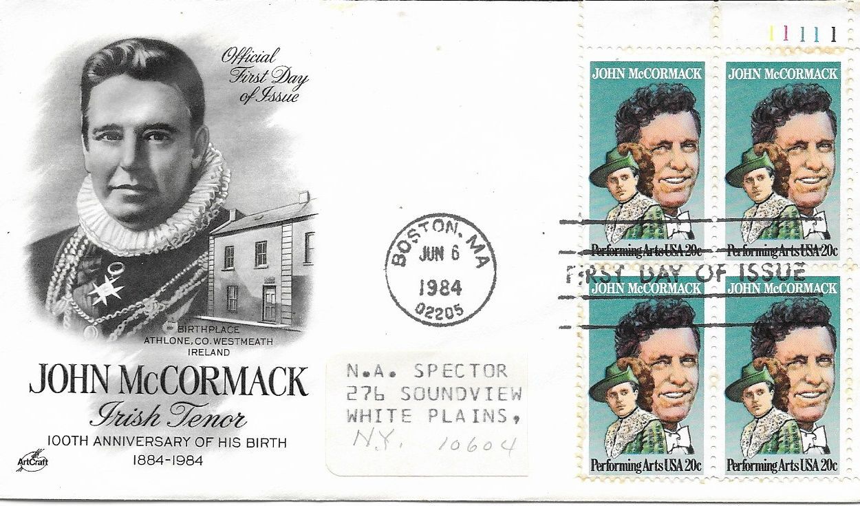 1984 FDC, #2090, 20c John McCormack, Art Craft, plate block of 4 ...
