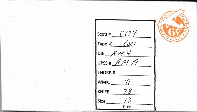 Scott# UC4 UPSS#AM 19 Watermark 41 #6001 US air mail envelope. | United ...