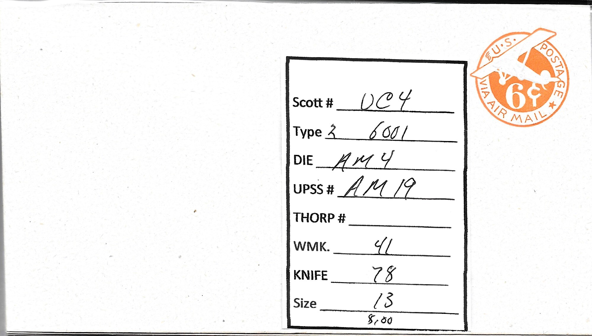 Scott# UC4 UPSS#AM 19 Watermark 41 #6001 US air mail envelope. | United ...