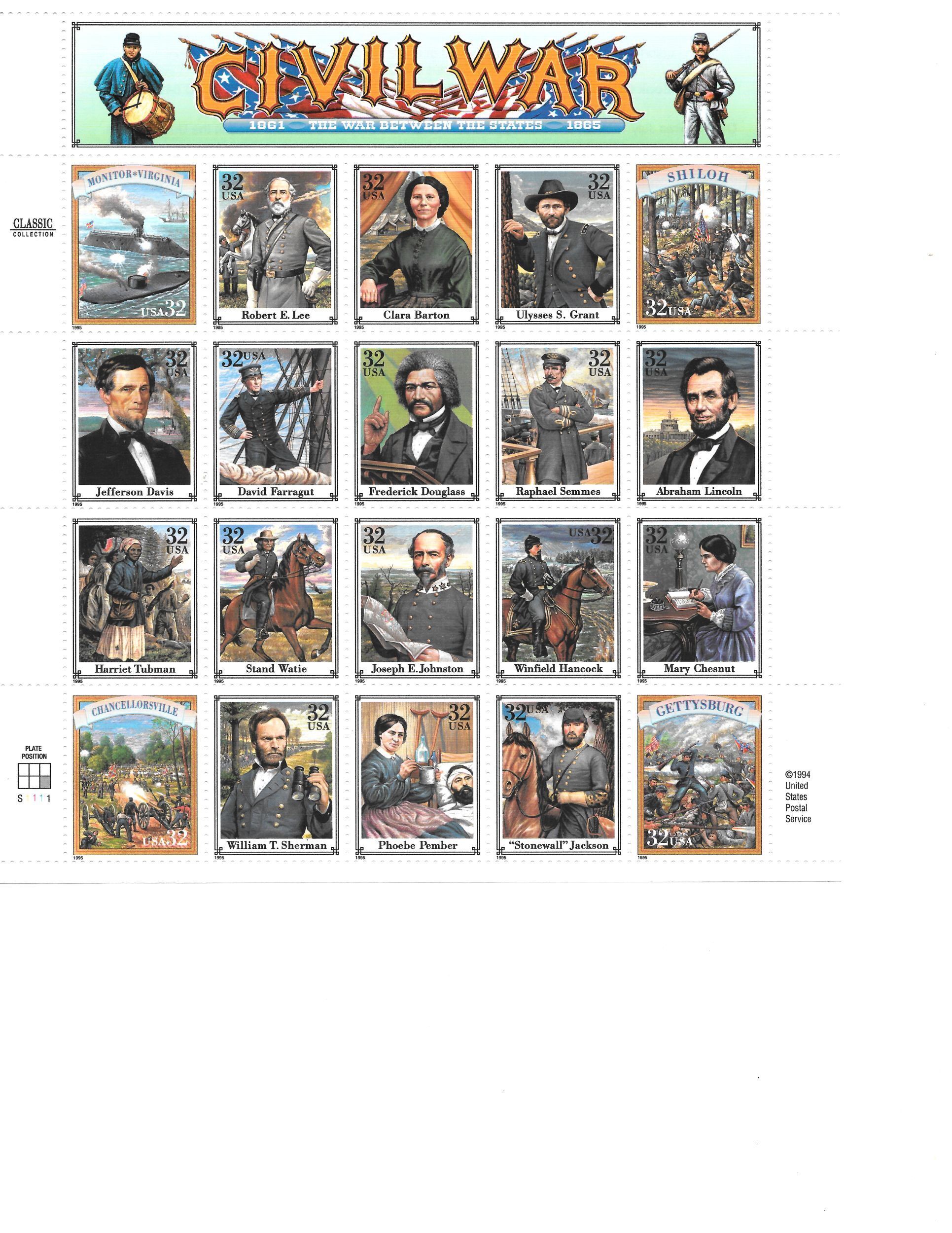 Civil War Classic Collection Full Stamp Sheet Valued $10 - Issued 1994 ...