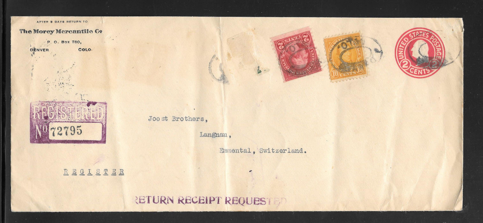 Just Fun Cover Type U93 Registered Denver Co To Switzerland Jan/10/1924 ...