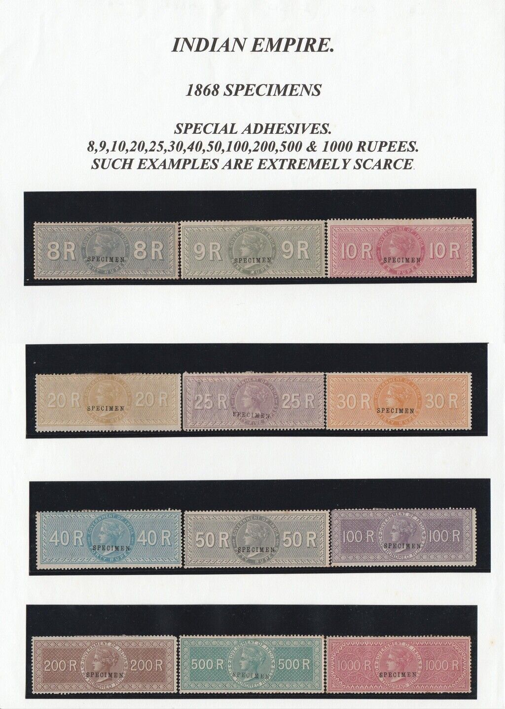 INDIA 1868 QV Special Adhesive Revenue 1a-1000R SPECIMEN. Very rare ...