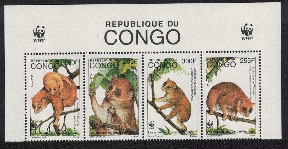 Congo WWF Golden Potto Strip of 4v WWF Logo 1997 MNH SC#1134 a-d MI ...