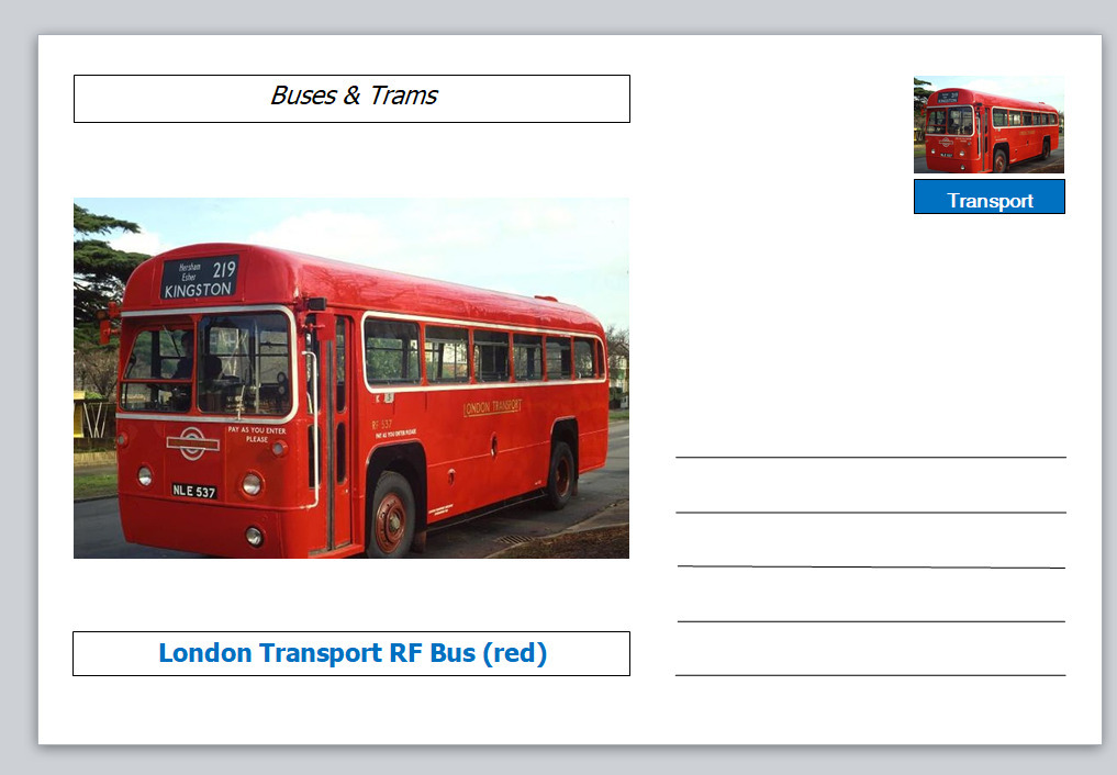 Buses & Trams - London Transport RF Bus (red) souvenir postcard mint ...