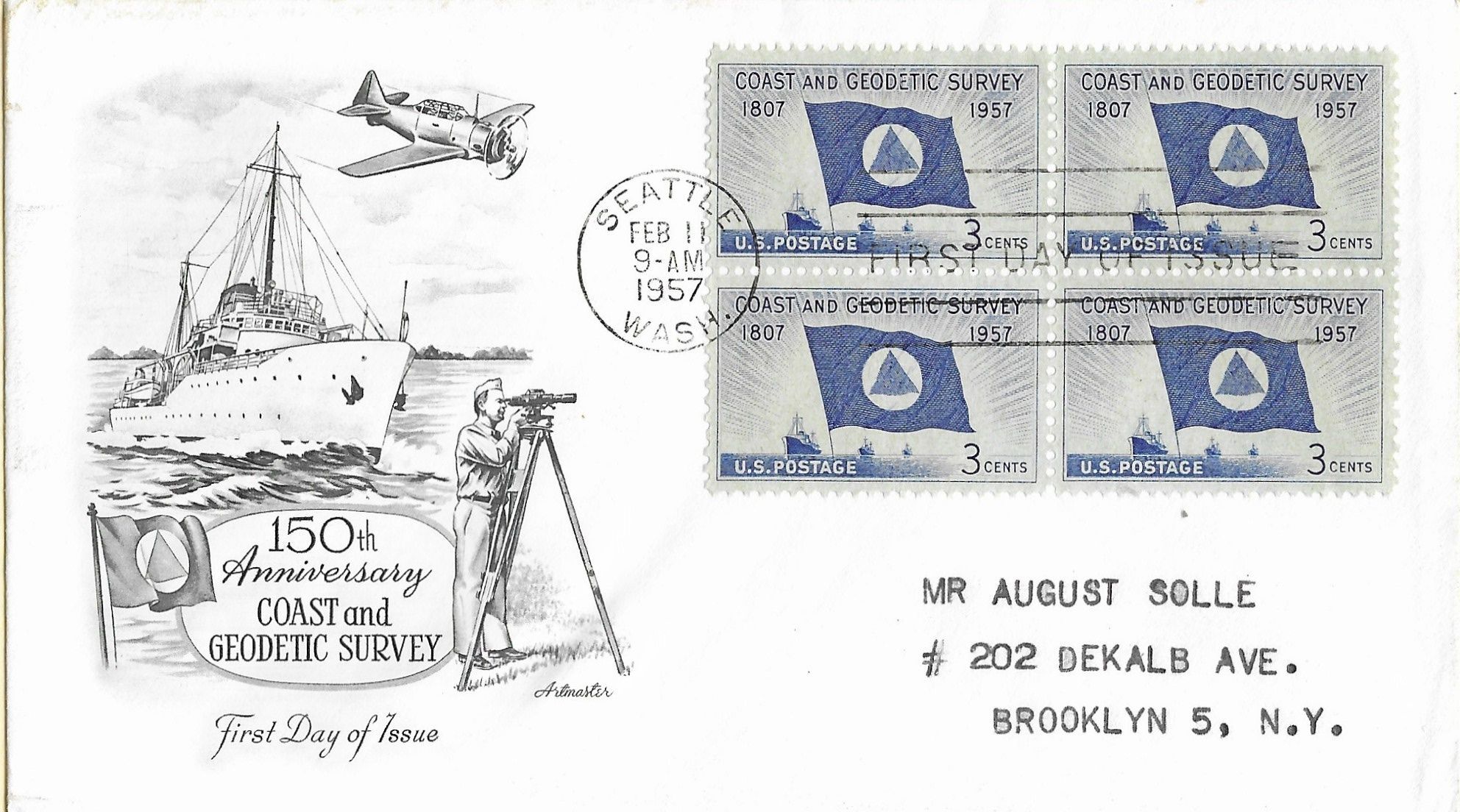 1957 FDC, #1088, 3c Coast and Geodetic Survey, Art Craft, block of 4 ...