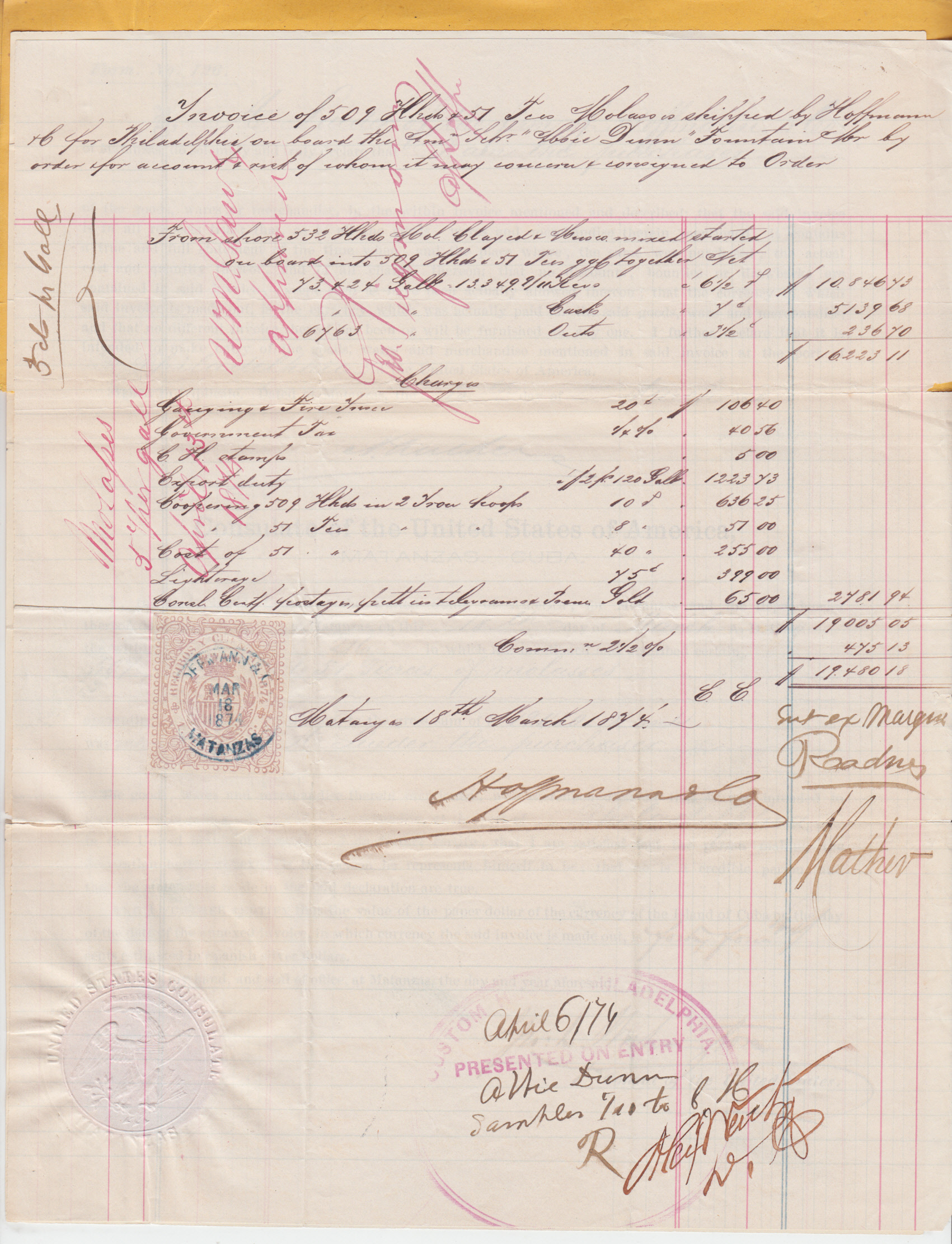 Cuba 1874 Invoice for Molasses with Revenue stamp attached, per "Abbie ...