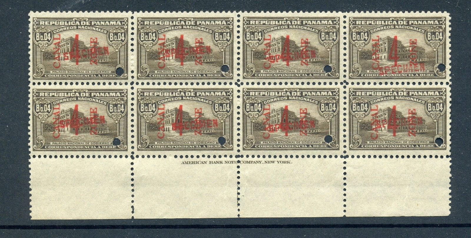 Canal Zone Scott J8A Unissued Specimen Overprint Margin Imprint Block ...