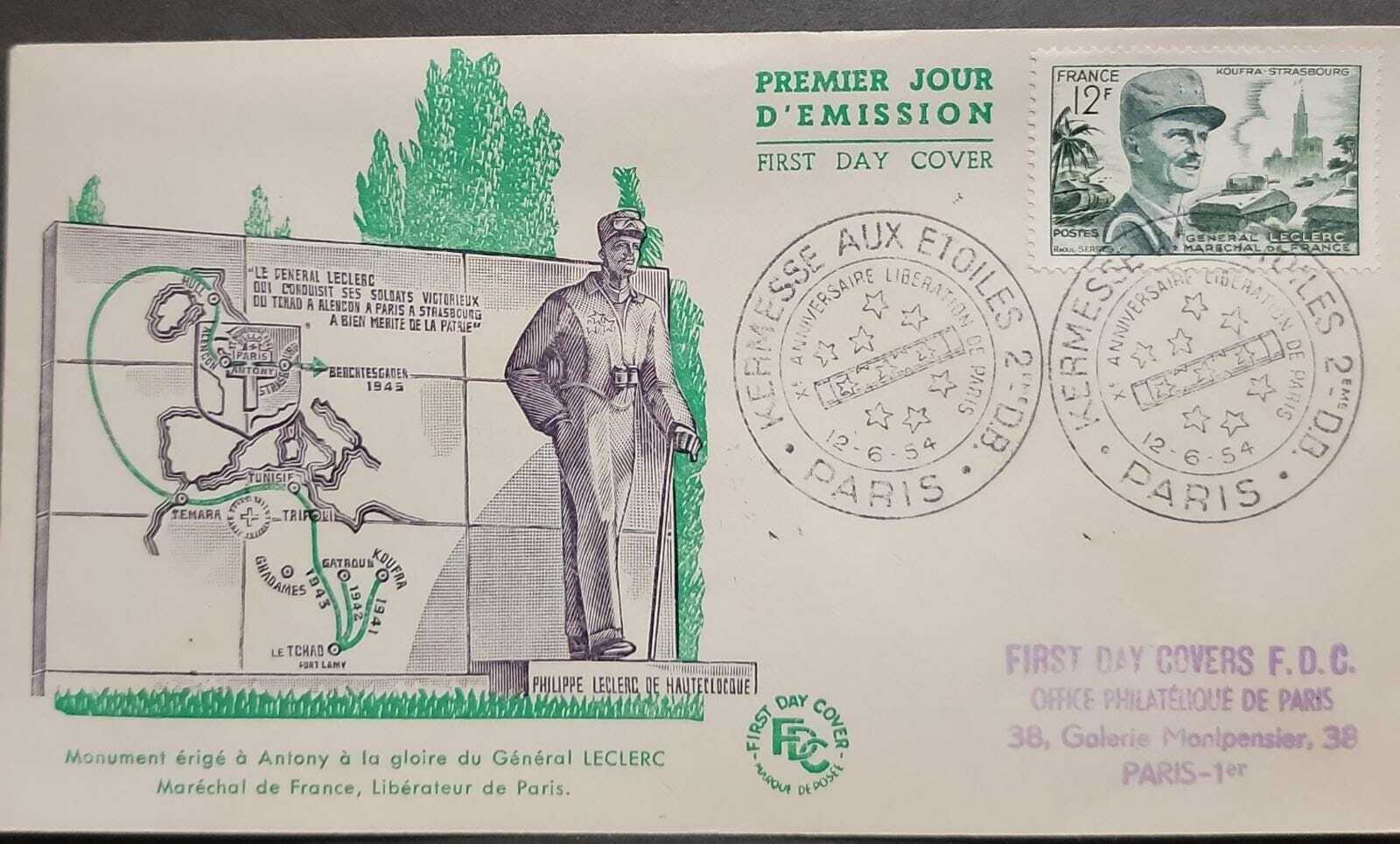 P) 1954 France, Fdc, Marshal Leclerc Stamp, Monument Glory General ...