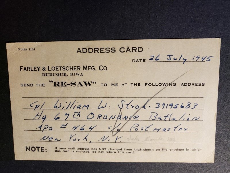 APO 543 Verona, Italy 1945 Wwii Army Cover 67th Ordnance Bn Address ...