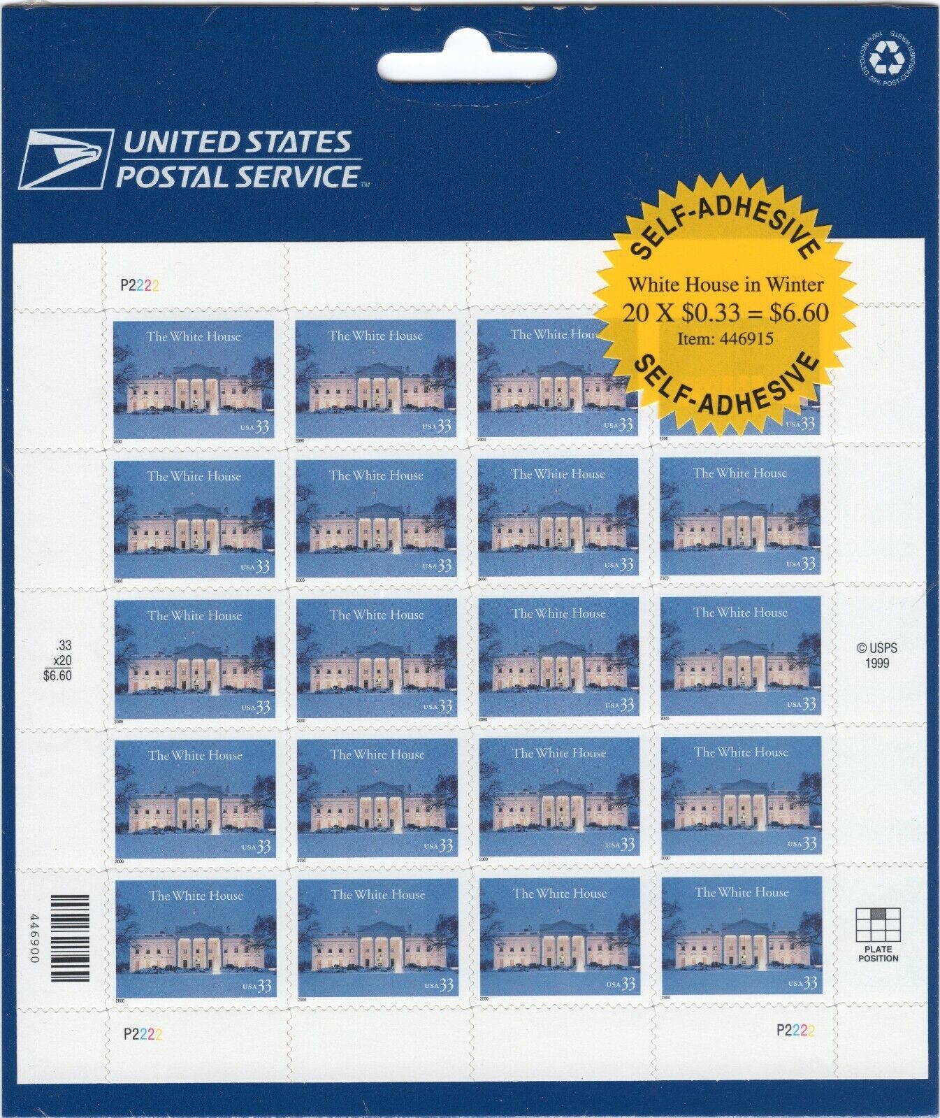 Scott #3445 White House in Winter Souvenir Sheet of 20 Stamps - Sealed ...