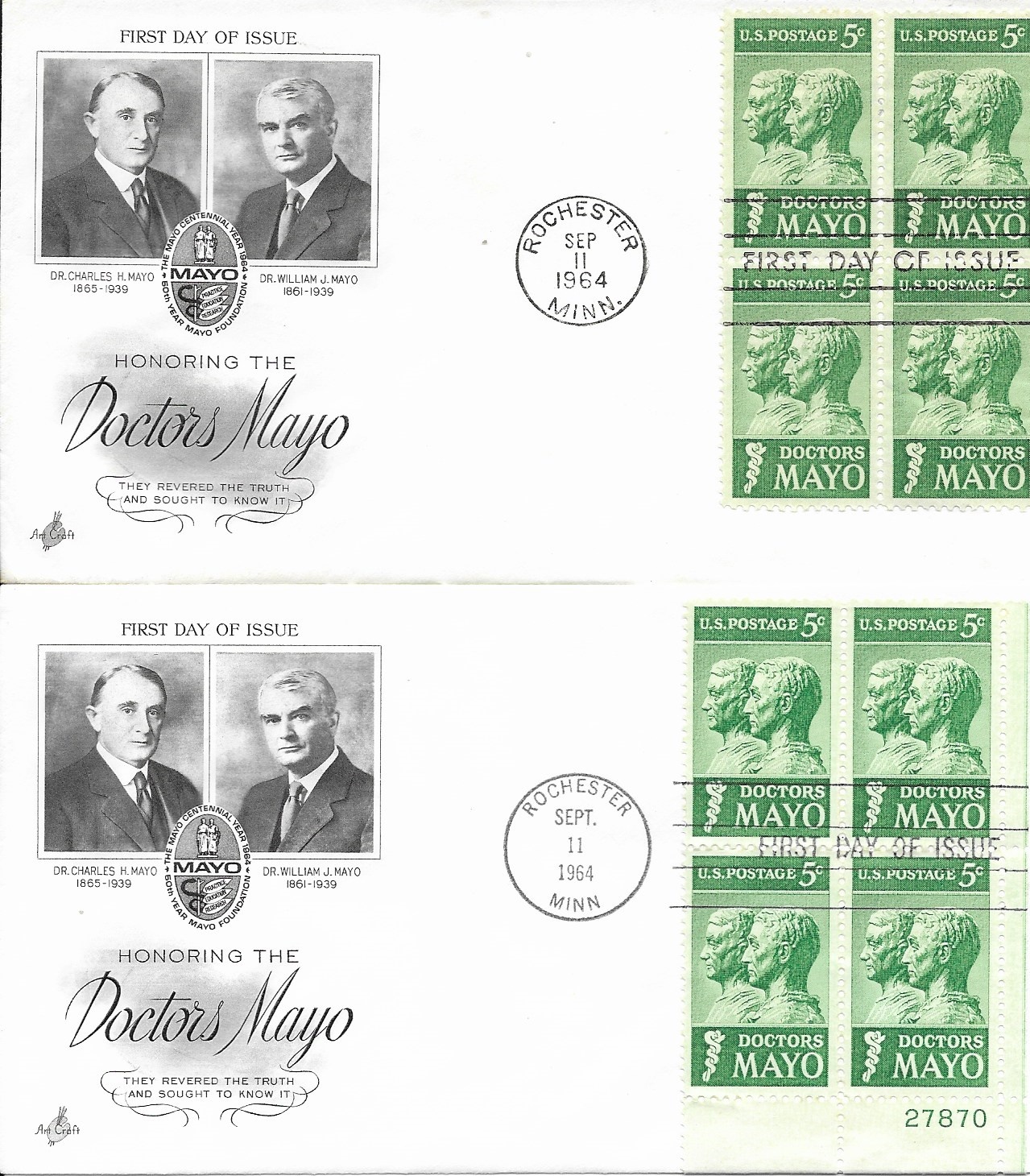 1964 FDC, #1251, 5c Doctors Mayo, Art Craft, block/plate block | United ...