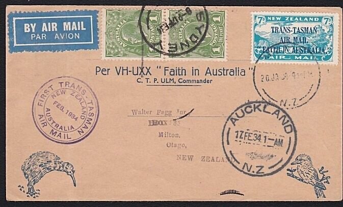 NEW ZEALAND AUSTRALIA 1934 Capt Ulm flight cover - 7d Trans Tasman ...