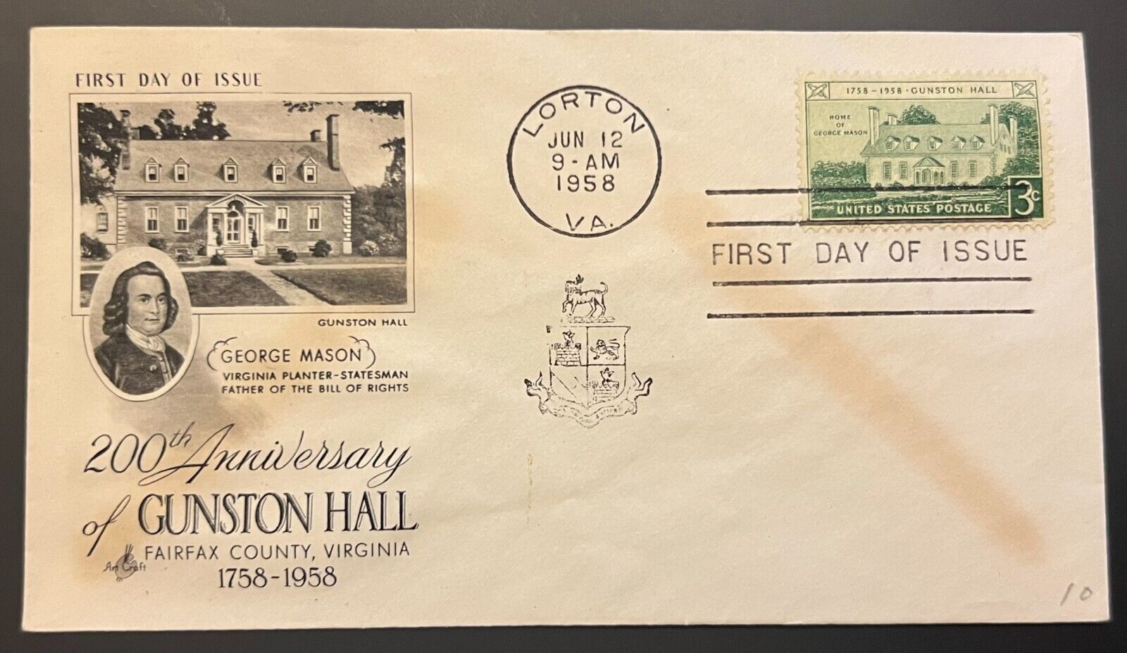 Gunston Hall/George Mason #1108 JUN 12 1958 Lorton VA First DAY Cover ...