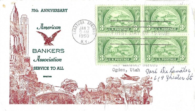 1950 FDC, #987, 3c American Bankers Association, Spartan, block of 4 ...