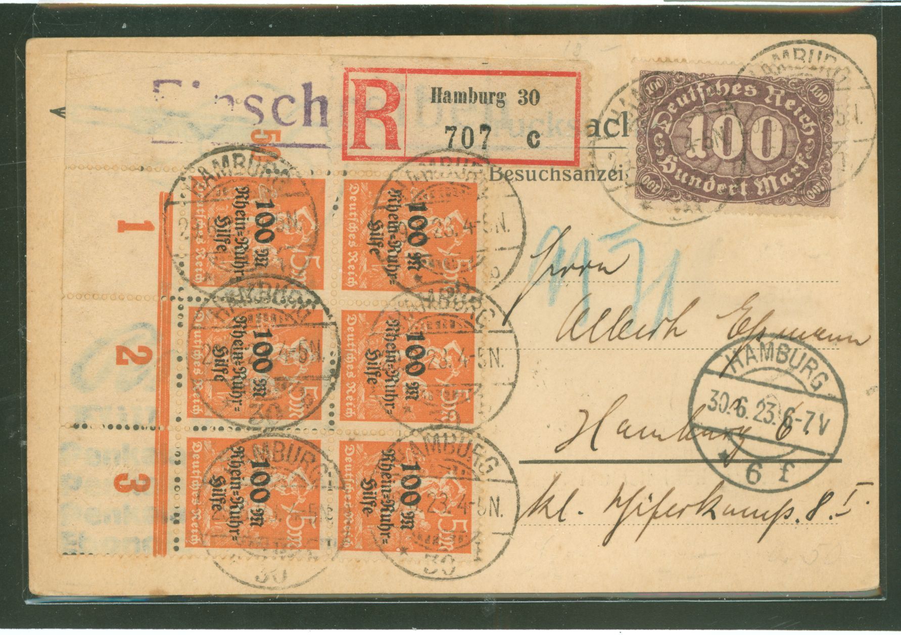Germany 156/B5 1923 Six semi-postal stamps franked this inflation-Era ...