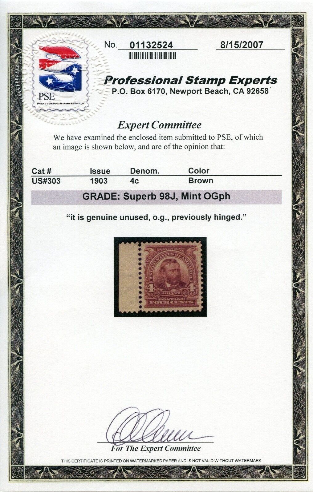 US Scott #303 Mint-Sup-Jumbo-Og-Lh Graded 98j W/ PSE Cert SMQ $400 (3/2 ...