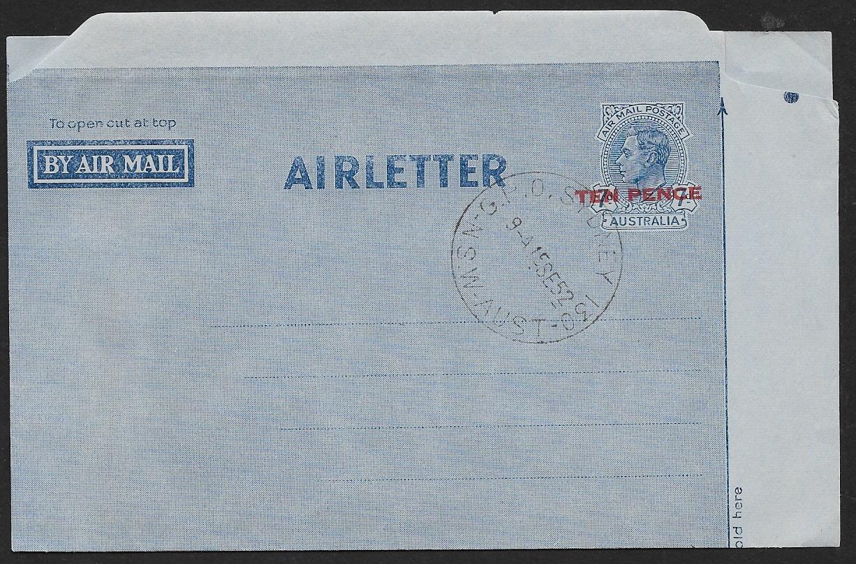 AUSTRALIA Aerogramme 7d revalued to 10p King 1952 Sydney cancel ...