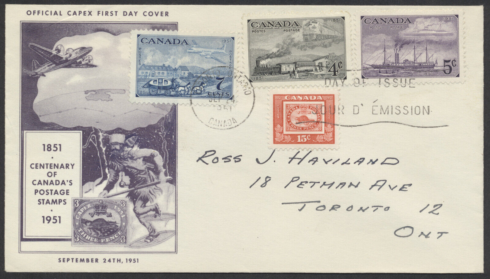 1951 #311-314 Stamp Centenary Combo FDC CAPEX Cachet Toronto | Canada ...