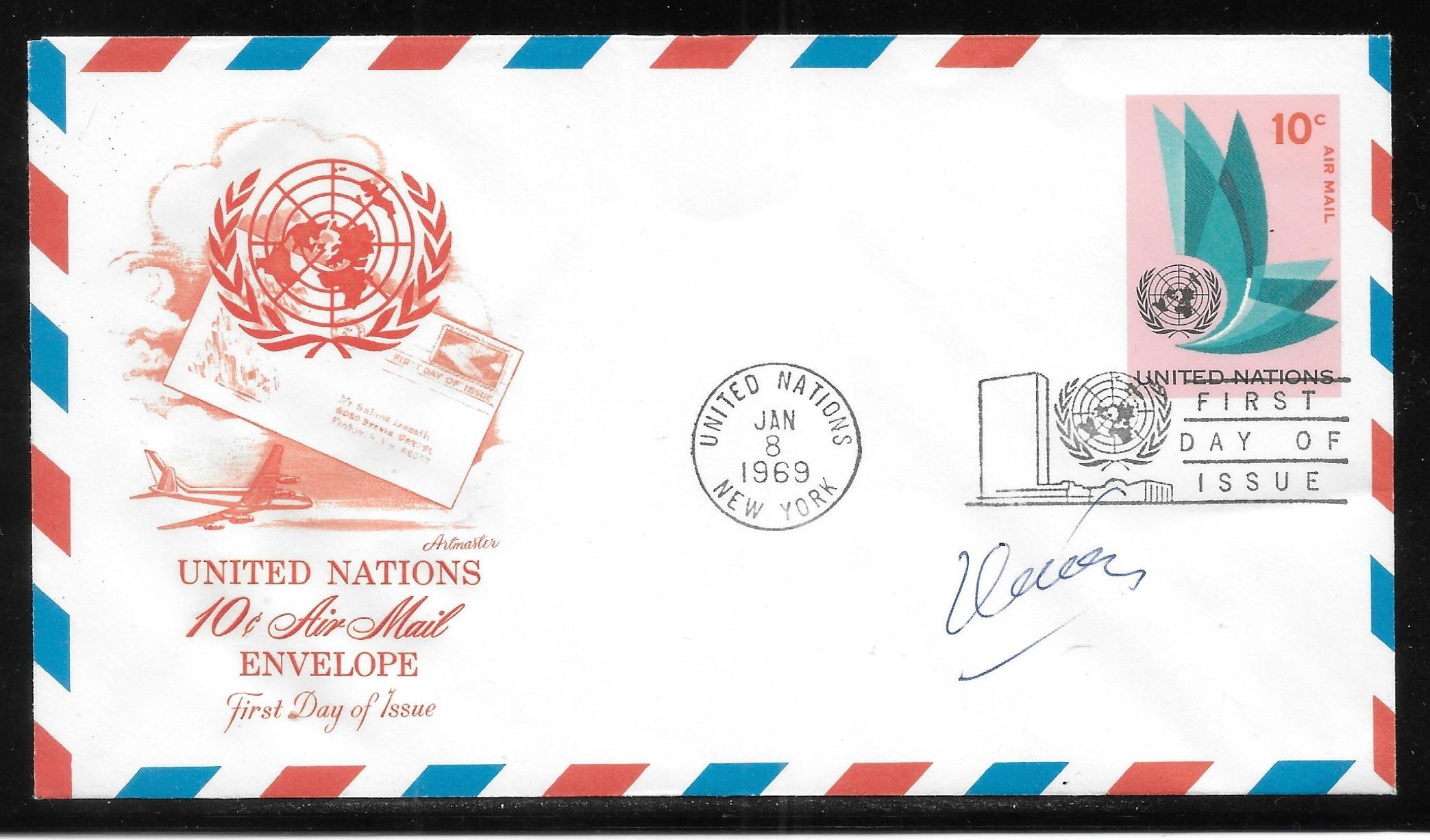 United Nations NY UC8 10c Envelope FDC Signed by Designer | Worldwide ...