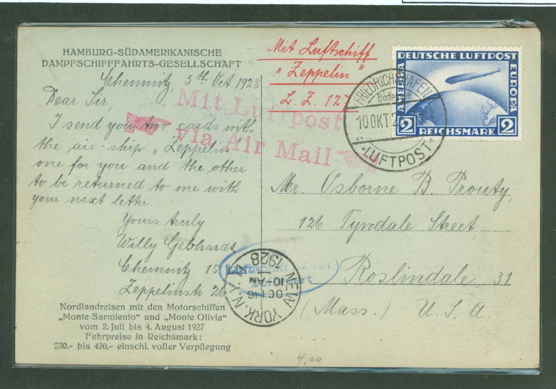 Germany C36 1928 2m Zeppelin Stamp franked this Oct 1928 card carried ...