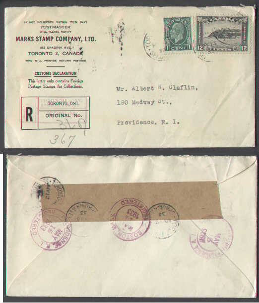 Canada-cover #4402 - 1c KGV medallion+12c Quebec Citadel reg'd-York Cty ...