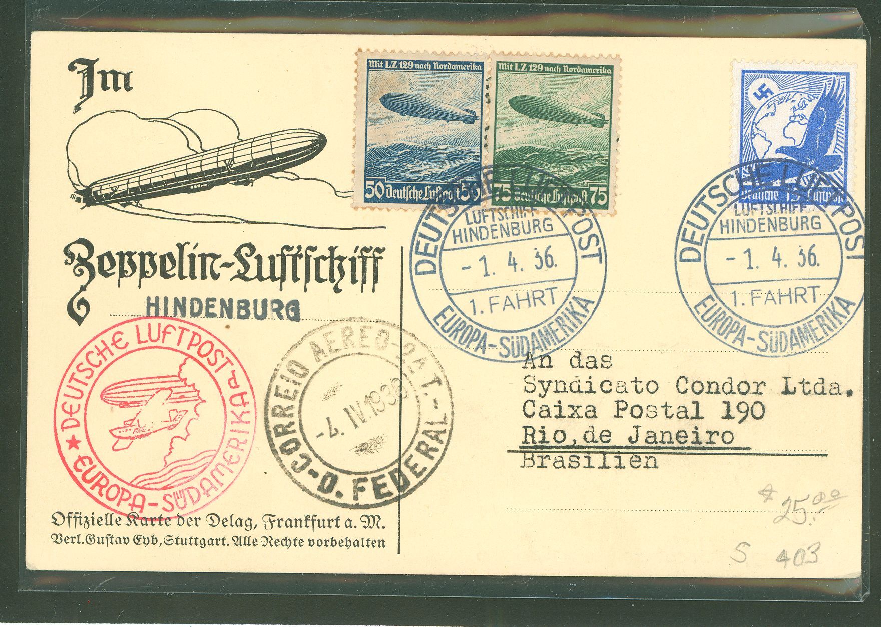 Germany C48/C57-8 Hindenburg LZ129 April 1,1936, First South American ...