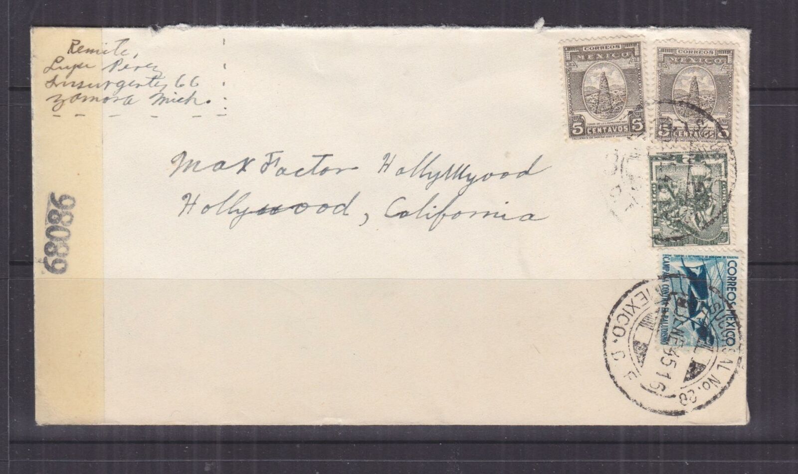 MEXICO, 1945 Censored cover, Sucursal # 28, Mexico City, 2c., 5c.(2 ...