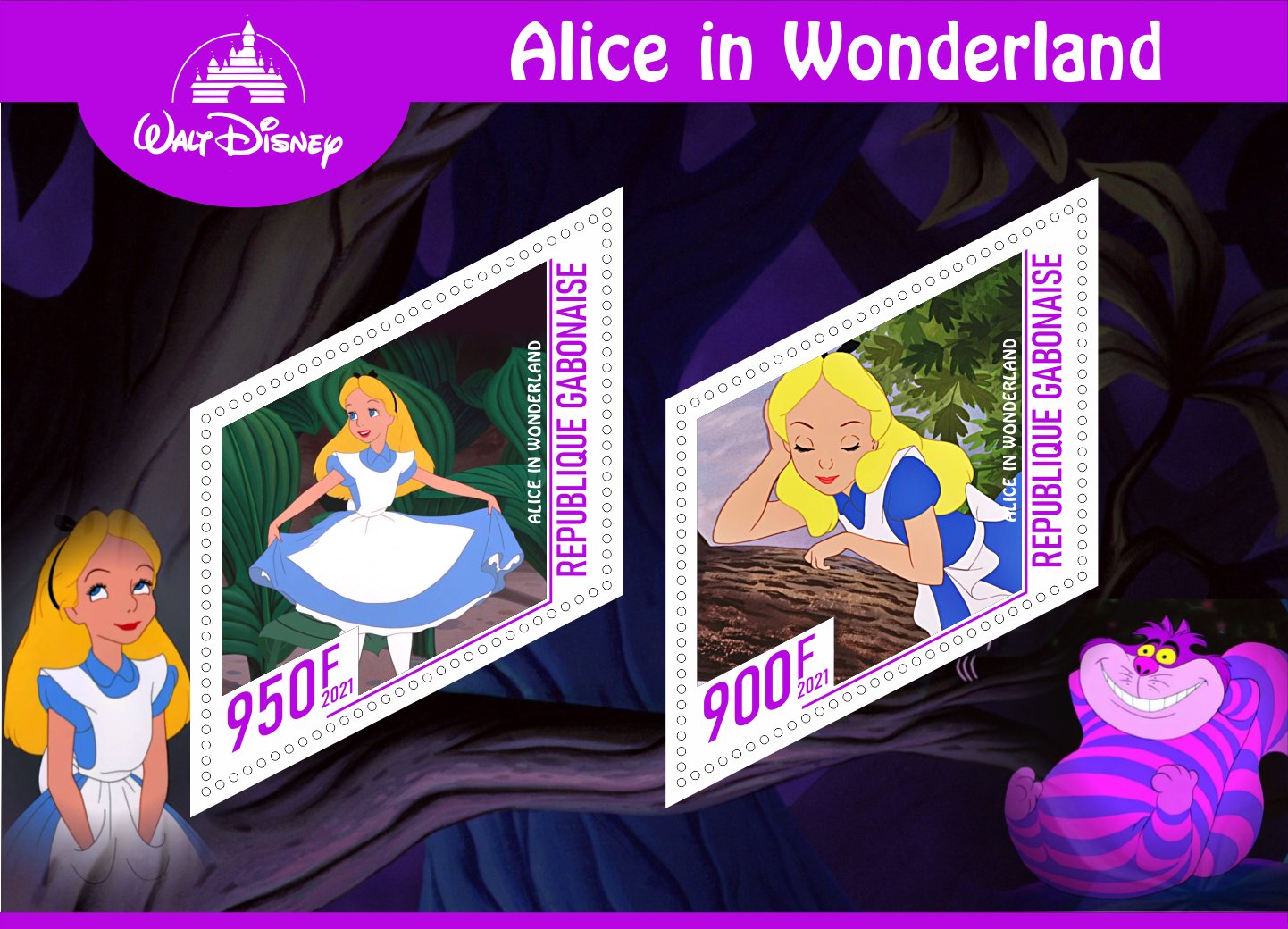 Stamps.Cartoons, Disney.Alice in Wonderland 1+1 sheets perf Gabon ...