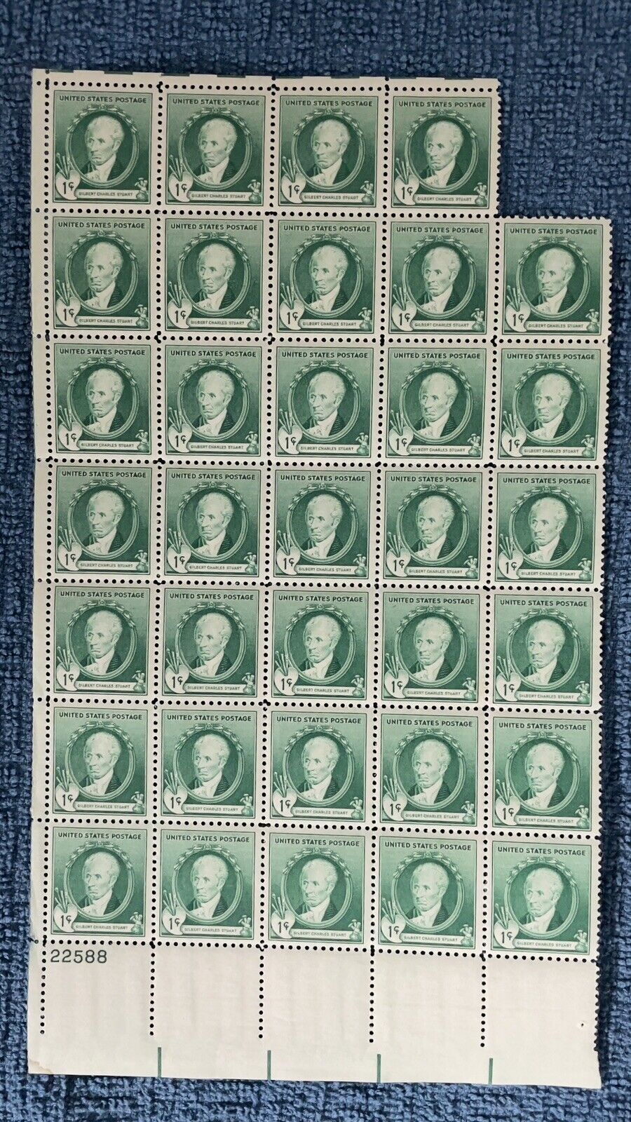 Scott #884, 1c Gilbert Stuart, Famous American Artist, Partial sheet of ...