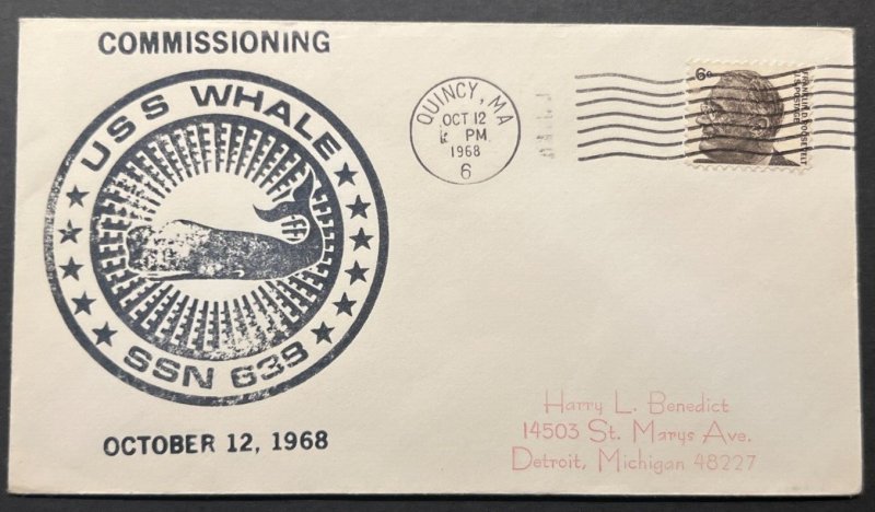 USS Whale Ssn-638 Commissioning OCT 12 1968 Quincy MA Naval Cachet ...
