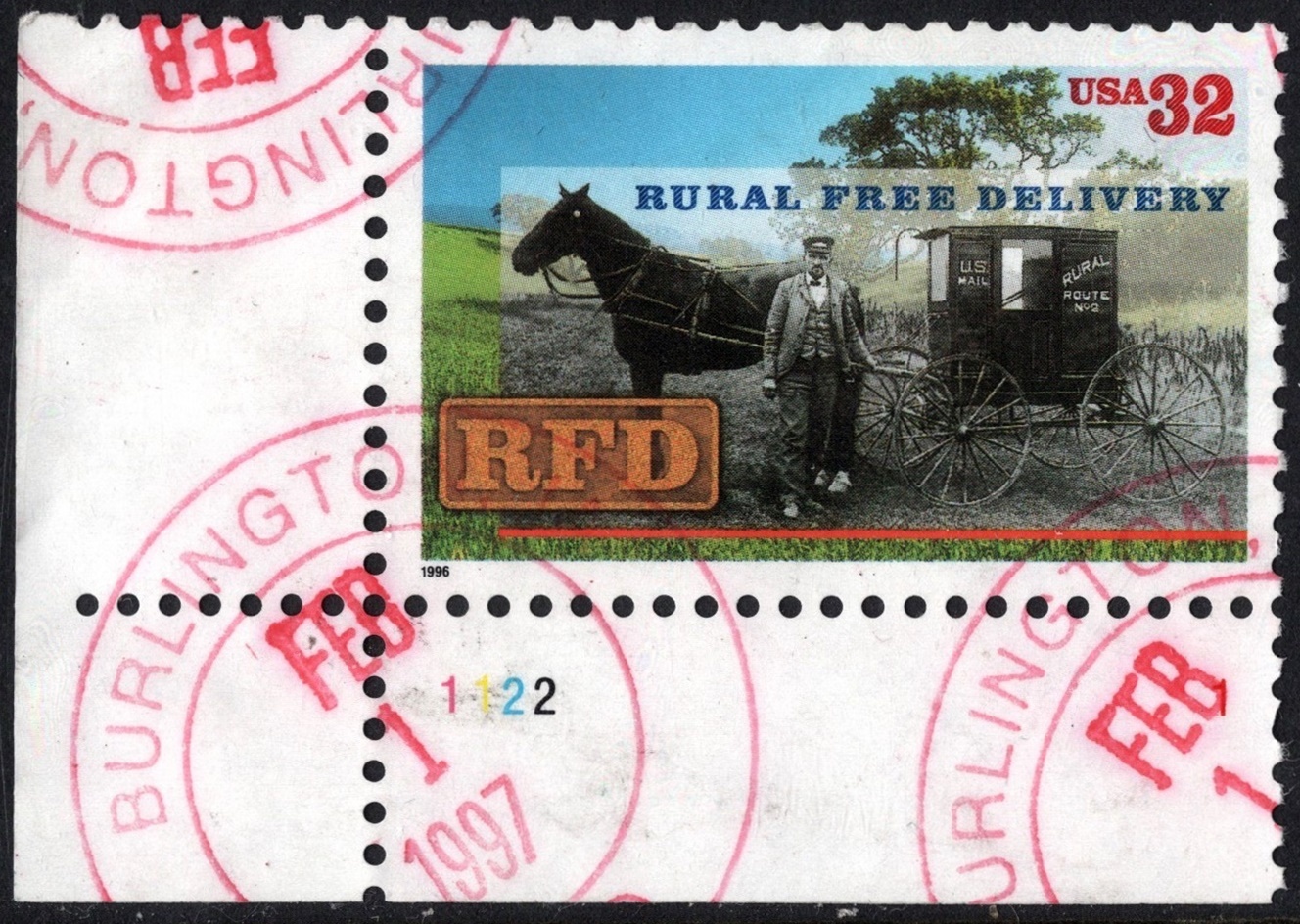 SC#3090 32¢ Rural Free Delivery Plate Single (1996) Used | United ...