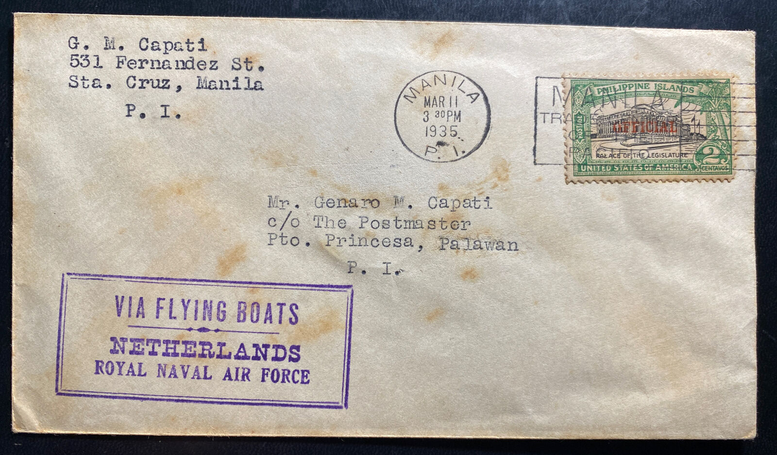 1935 Manila Philippines Naval Air Force Cover To Pto Princesa Via ...