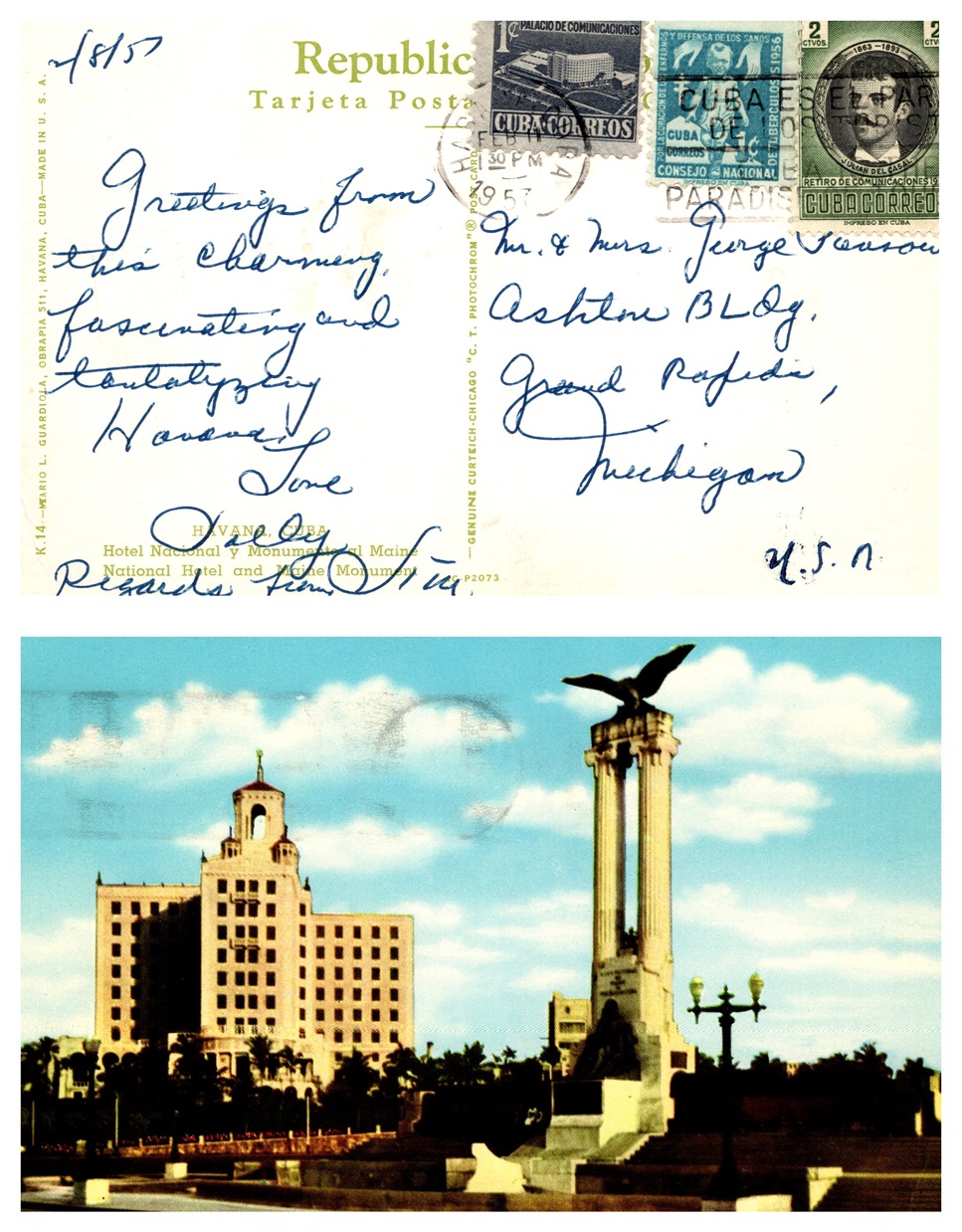 1957 Cuba Multi Stamp on Postcard to United States ( Postal History ...