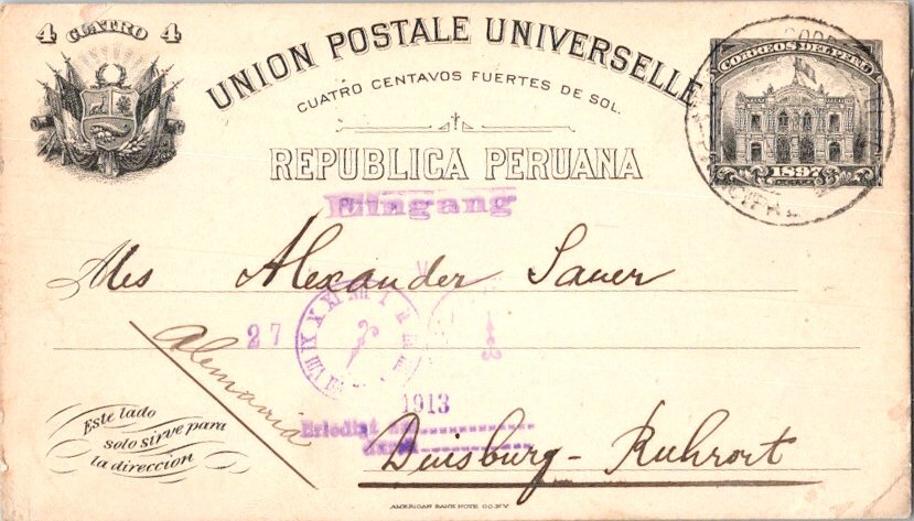 Peru 4c Post Office Building Postal Card 1913 Correos del Peru to ...