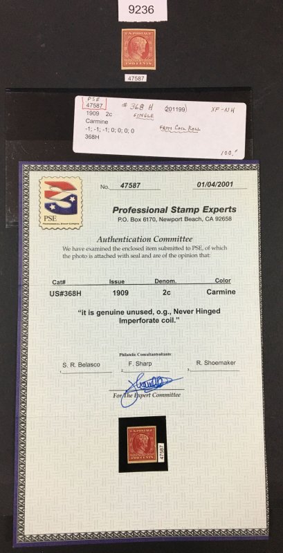 US Stamps # 368h Imperf Coil Mint OG NH **Pse Cert** LOT #C 9236 ...