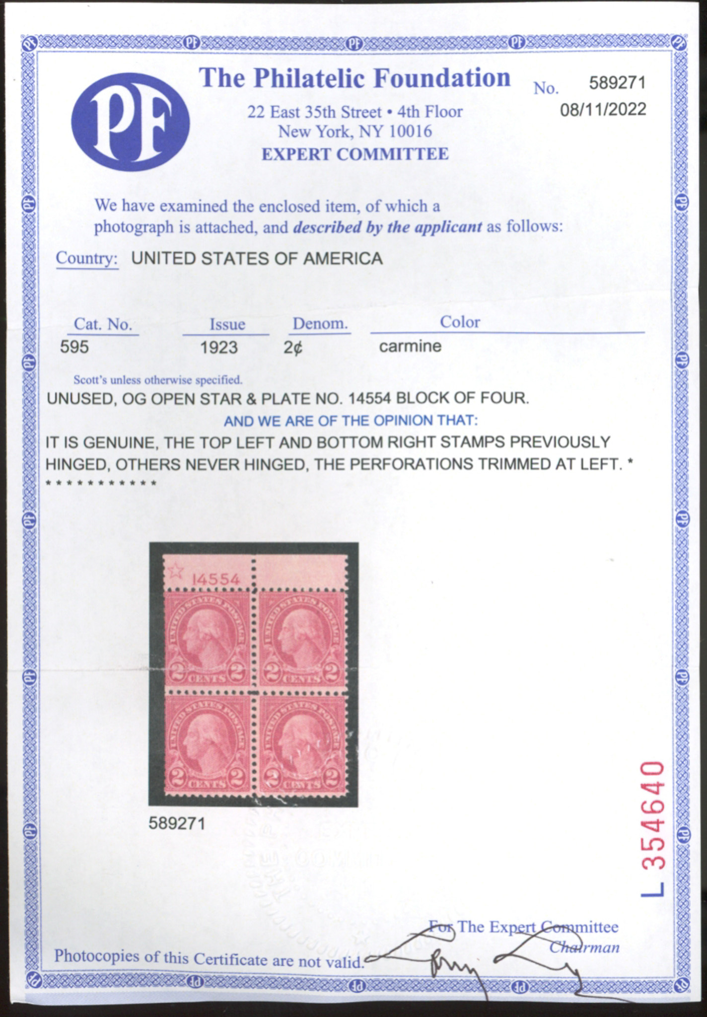 U.S. #595 Mint Star PL# Block of 4 With PF Cert OG | United States ...