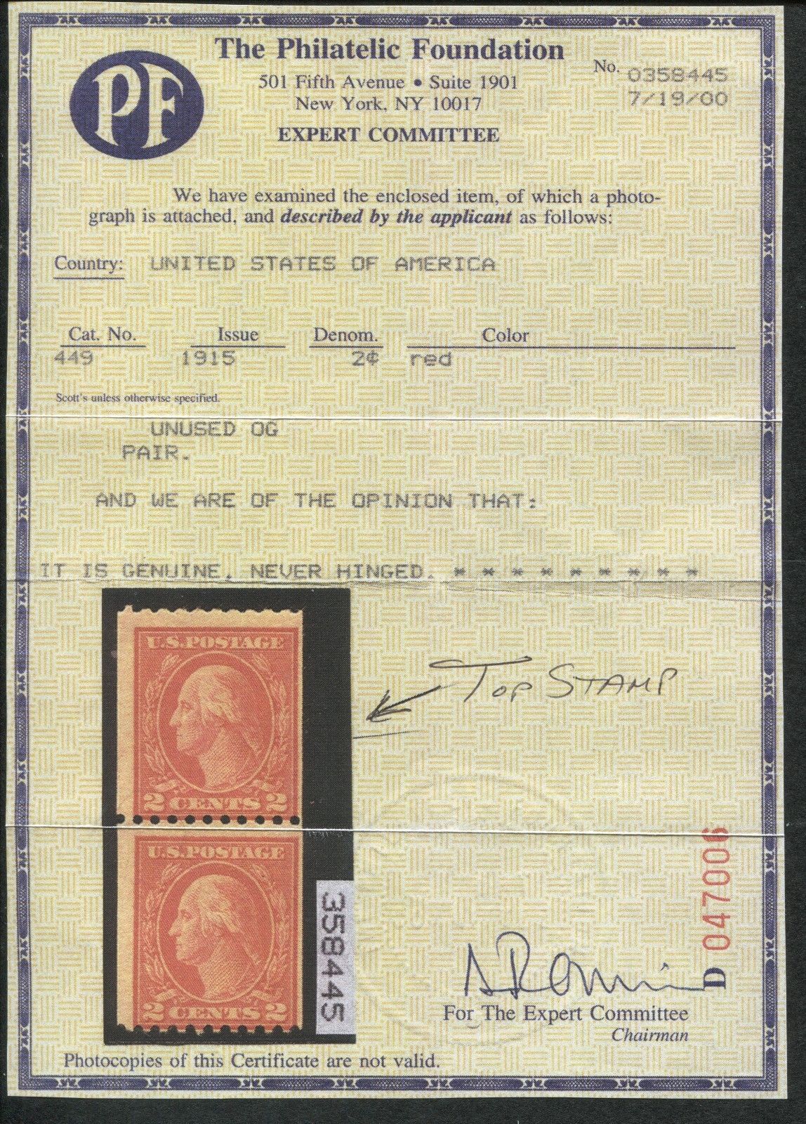 1915 US Stamp #449 2c type I Mint Never Hinged Catalog Value $5,500 ...