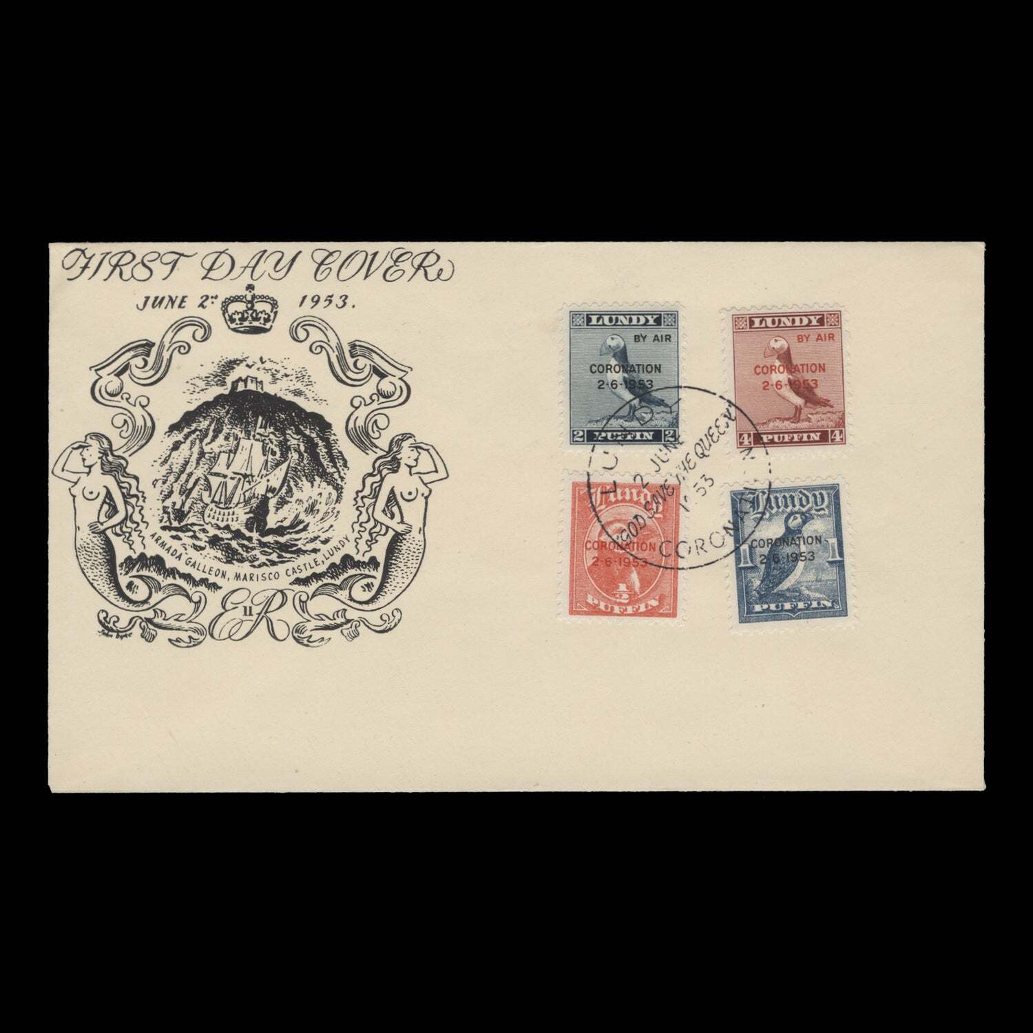 Lundy Island 1953 Coronation first day cover, overprints in reversed ...