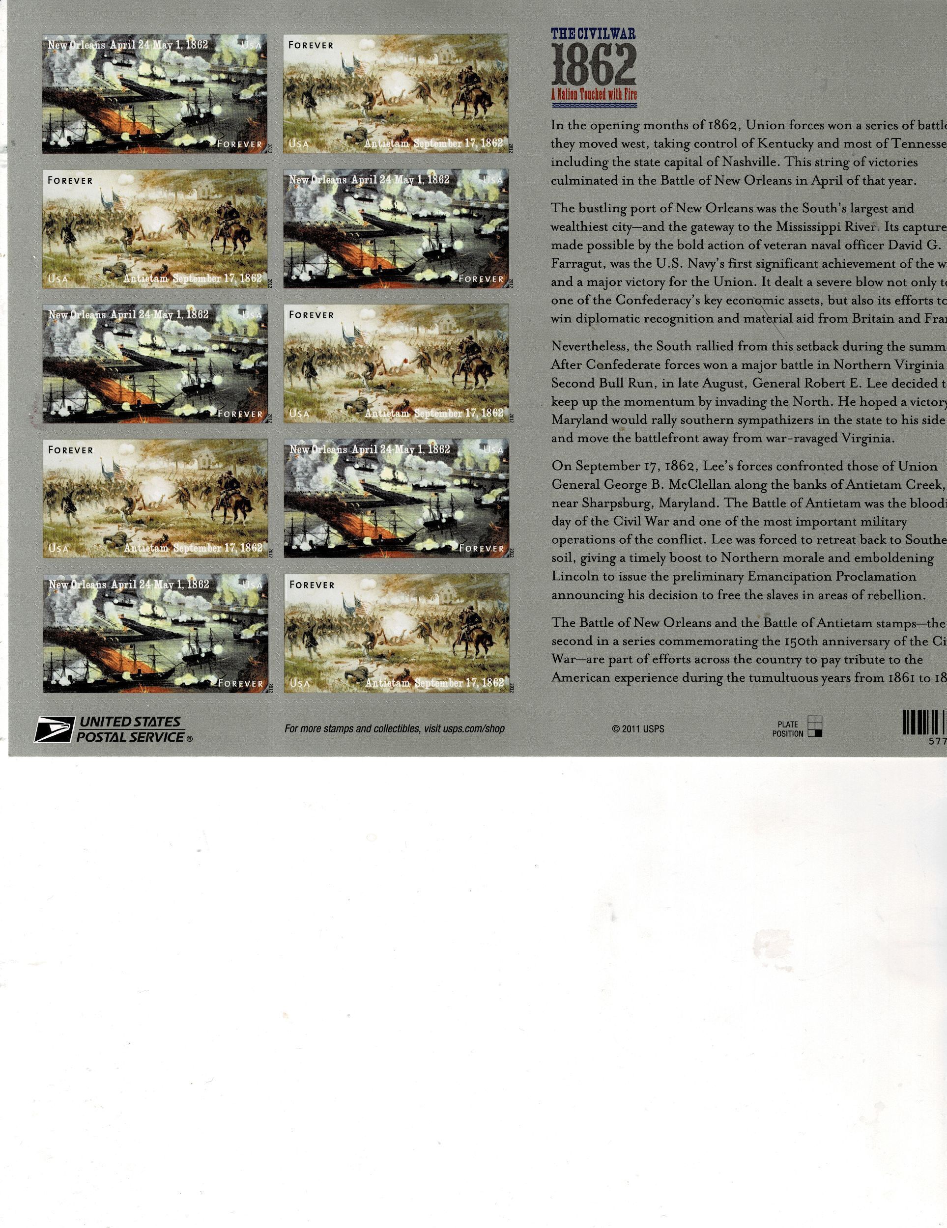 The Civil War 1862 Forever US Postage Sheet of 12 stamps #4664-65 VF ...