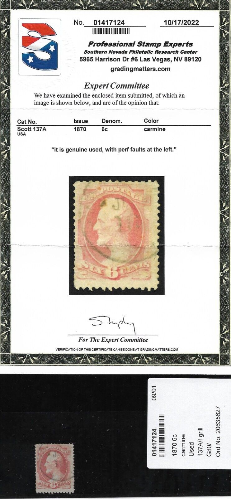 U.S. Classic: Sc #137A, 6c Lincoln used, w/PSE Cert (48772) | United ...