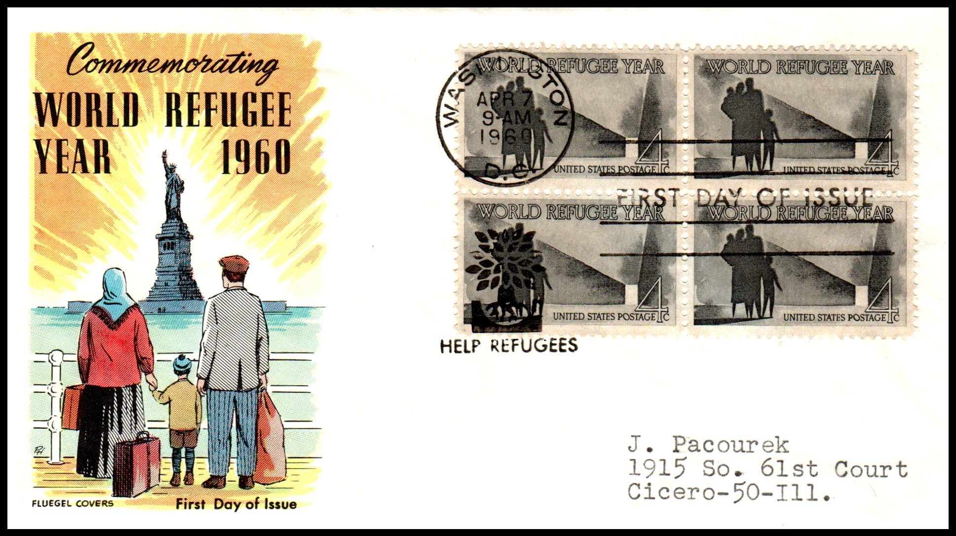 US 1149 Refugee Year Block of Four Fluegel Typed FDC | United States ...
