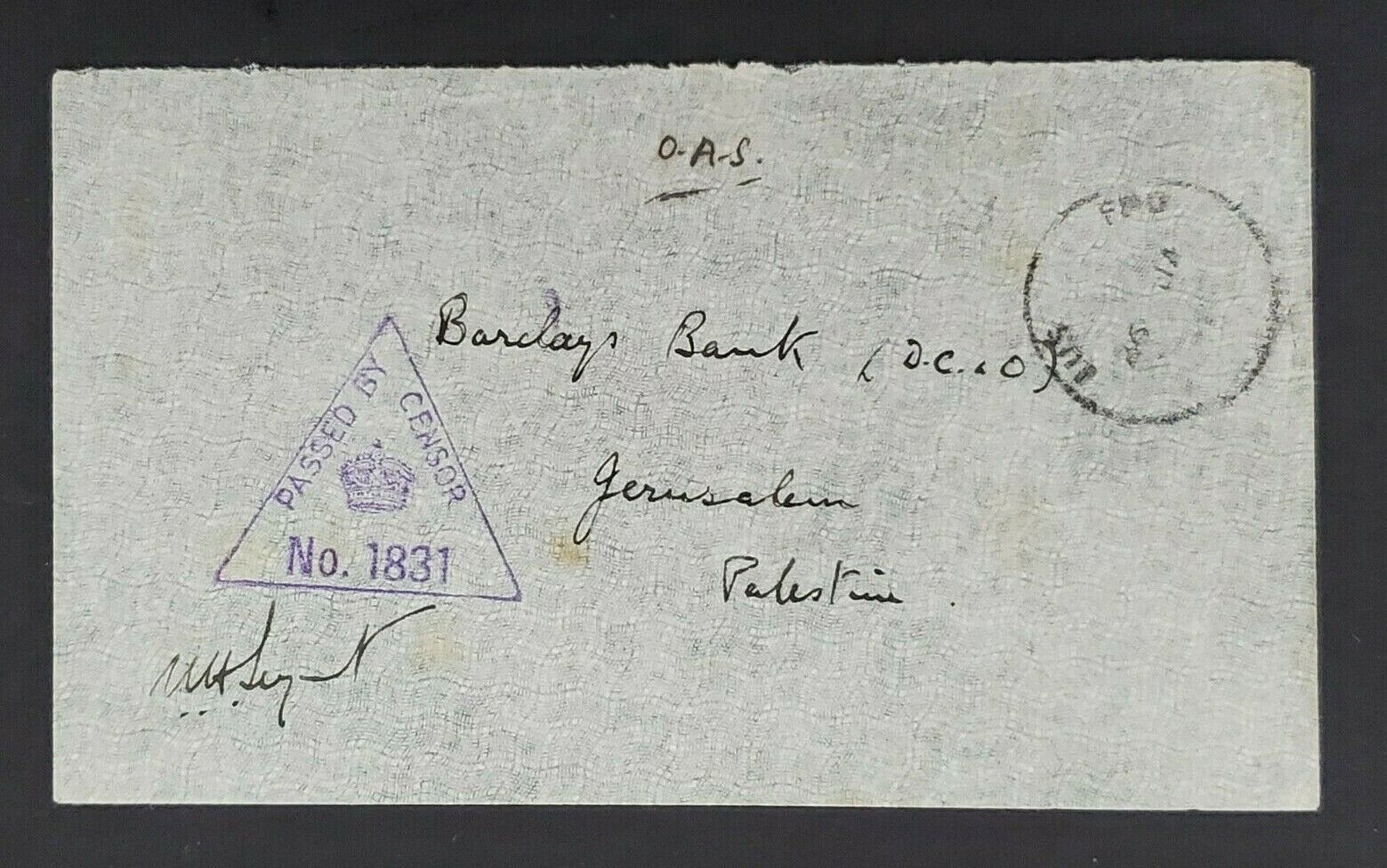 1942 Palestine Australian Army Base Jerusalem Stampless Censored Airmail Cover / HipStamp