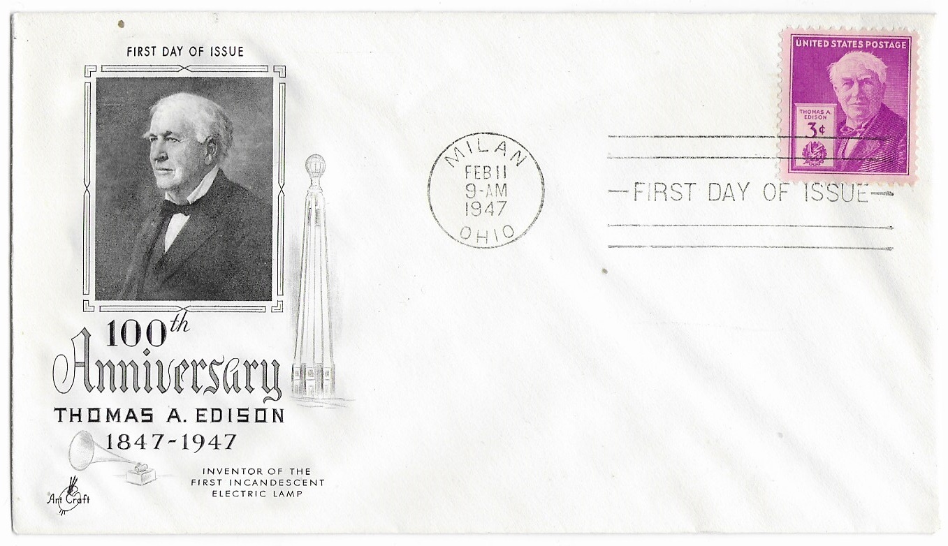 1947 FDC, #945, 3c Thomas A. Edison, Art Craft & Artmaster | United ...