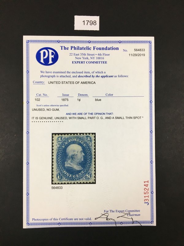 US Stamps # 102 Mint OG H **Pf Cert** $750 LOT #F 1798 | United States ...