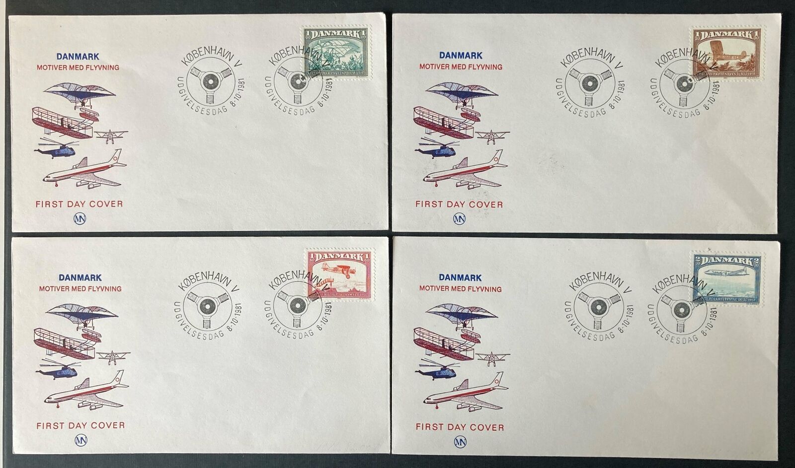 Denmark 1981 FDC x4 Aviation Ellehammer Fokker Douglas DC-7C helicopter ...